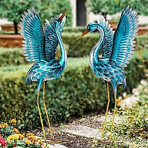 Natelf Garden Crane Statues for Outdoor, Blue Heron Decoy Garden Sculptures, Standing Metal Bird Yard Art for Patio Pond Backyard Decor(Set of 2)