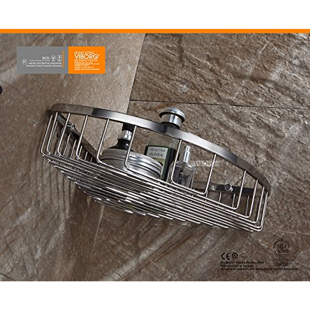 VIBORG Deluxe Solid Thick SUS304 Stainless Steel Wire Wall Mounted Single Tier Bathroom Corner Shower Basket Bath Caddy Shelf Organizer Storage Holder for Shampoo Conditioner. Polished mirror-like