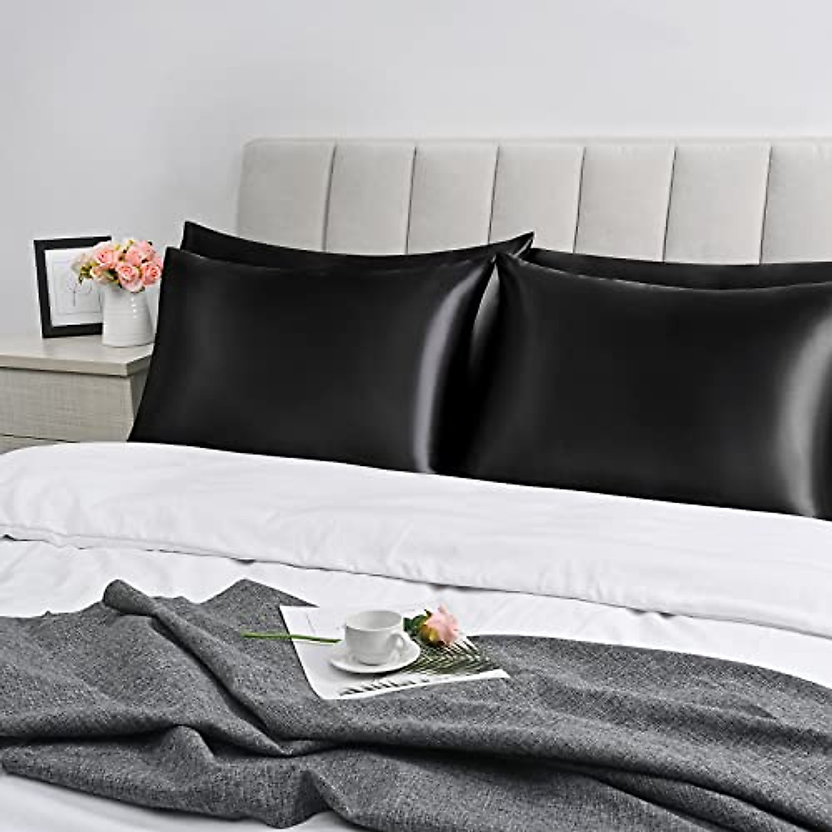 Satin Pillowcase for Hair and Skin, Set of 2 Black Silk Pillowcase Satin Pillowcase with Envelope Closure(Black,20x30 inches)