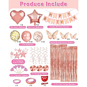 Lutoys Rose Gold Happy Birthday Party Decorations, Happy Birthday Banner, Rose Gold Foil Heart Star Confetti Balloons Curtain Backdrop Hanging Swirls Butterfly Party Decor for Girls Women Princess