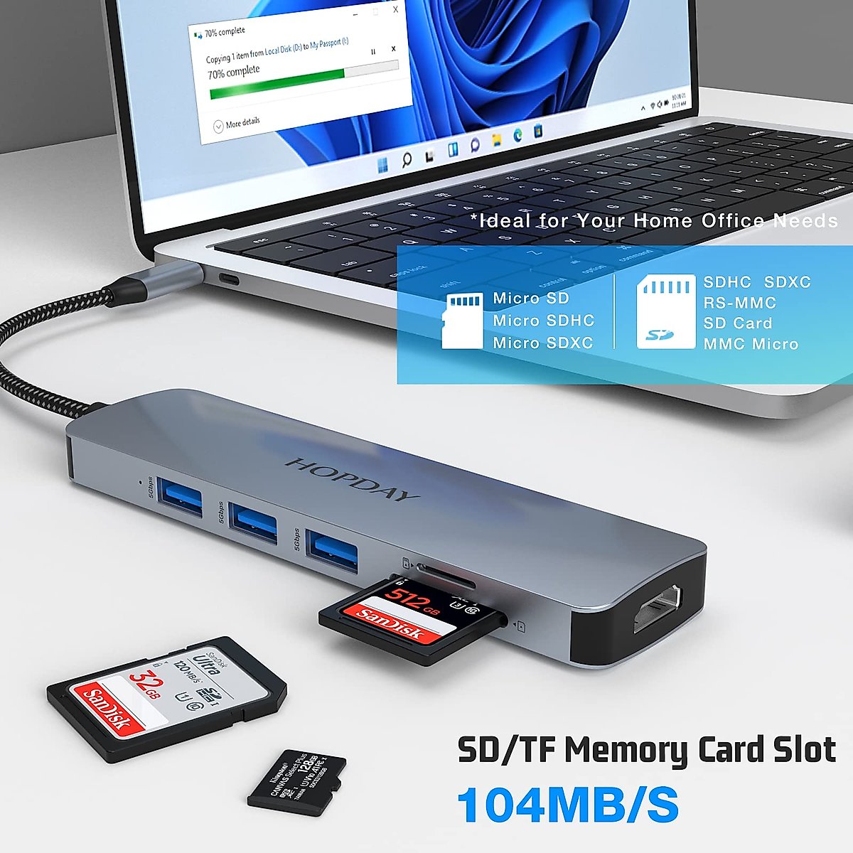 HOPDAY 6 in 1 USB C Adapter, Dual Display USB C Hub for MacBook Pro/Air, USB 3.0 5Gbps Fast Docking Station (4K HDMI,SD/TF,USB A 3.0) for Dell,Surface,HP,Lenovo and Other Type C Devices