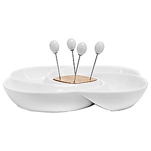 MyGift Decorative White Ceramic Charcuterie Platter Appetizer Olive Bowl Serving Tray with Food Picks and Wood Holder