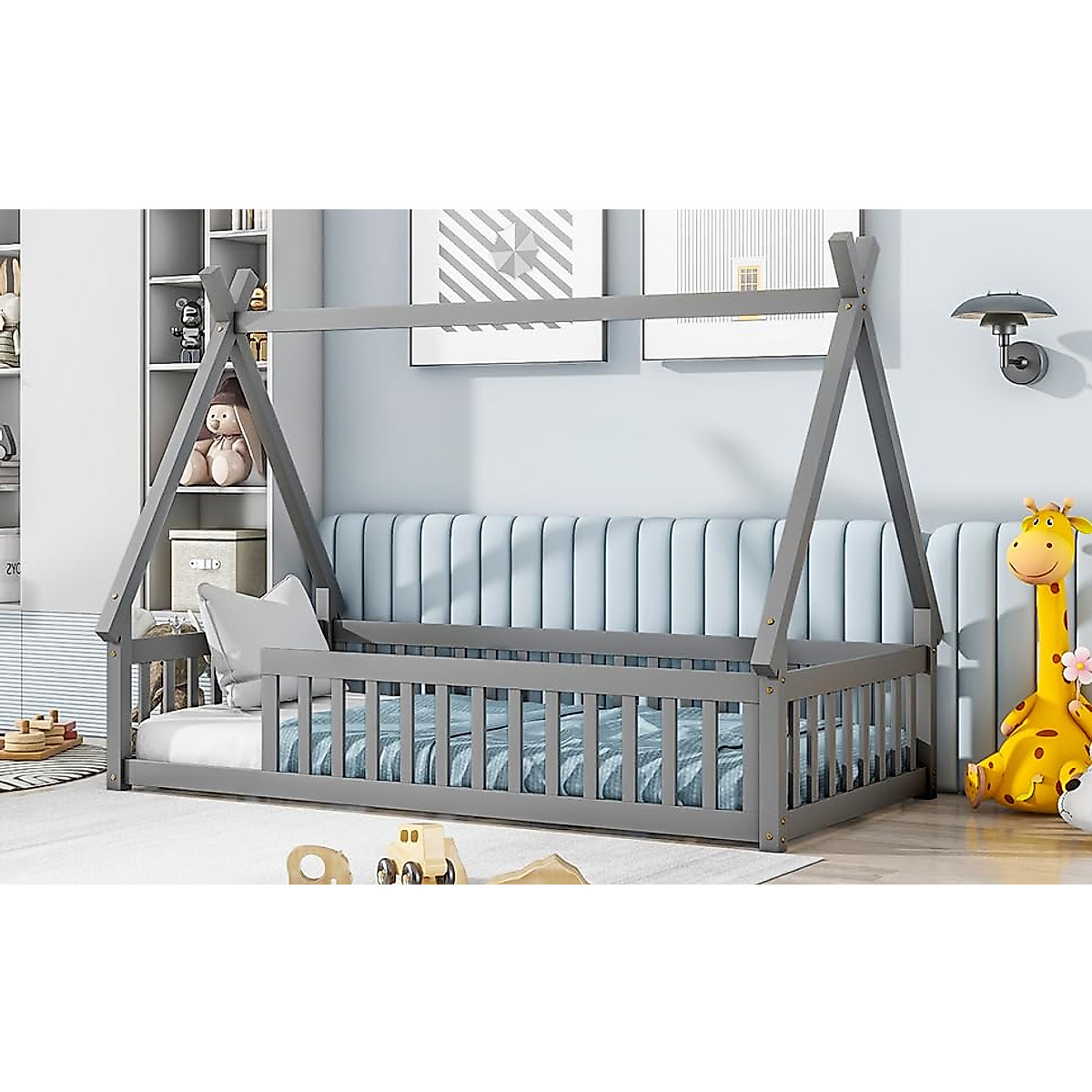 DreamBuck Twin Size Toddler Floor Bed, Montessori Floor Bed with Fence and Safety Guardrails, Solid Pine Tent-Shaped Floor Bed Frame for Kids Toddlers Girls Boys, Wood Slat Support, Grey