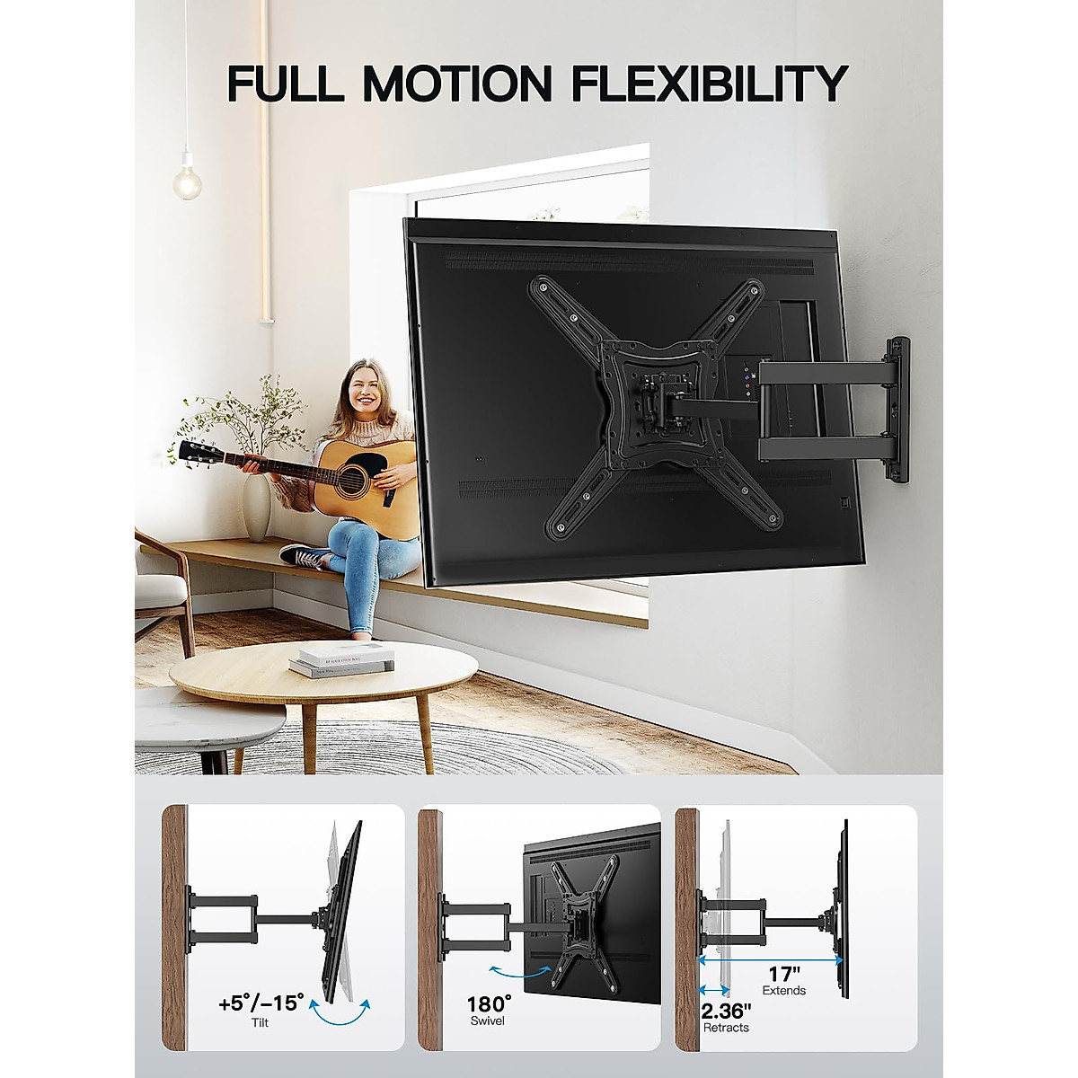 Pipishell Full Motion TV Wall Mount for 26-60 inch Flat or Curved TVs up to 77 lbs, TV Bracket Wall Mount with Articulating Arms, Extension, Tilt, Swivel, Leveling, Max VESA 400x400mm, PIMF7