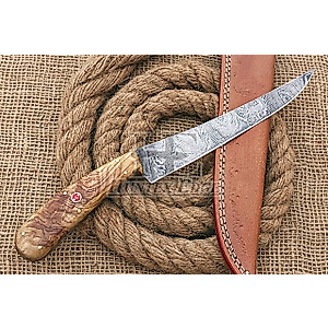HUNTEX Handmade Hand-Forged Twist Pattern Damascus Steel 11.5 Inch Long Full Tang Olive Wood Handle Razor Sharp Hunting Camping Fillet Knife w/Genuine Leather Pouch
