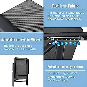 MFSTUDIO 3 Piece Metal Patio Dining Set,Outdoor Bistro Furniture with1 x Wrought Iron Square Table with Umbrella Hole and 2 x Folding Sling Chairs with 7 Levels Adjustable (Black)