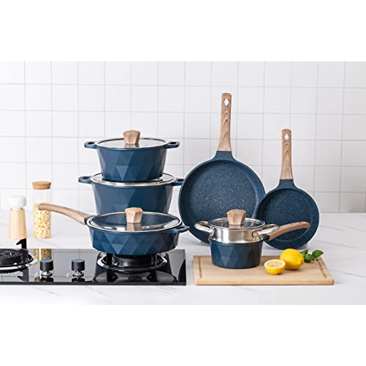 Country Kitchen Nonstick Induction Cookware Sets - 11 Piece Nonstick Cast Aluminum Pots and Pans with BAKELITE Handles - Induction Pots and Pans with Glass Lids (Navy)