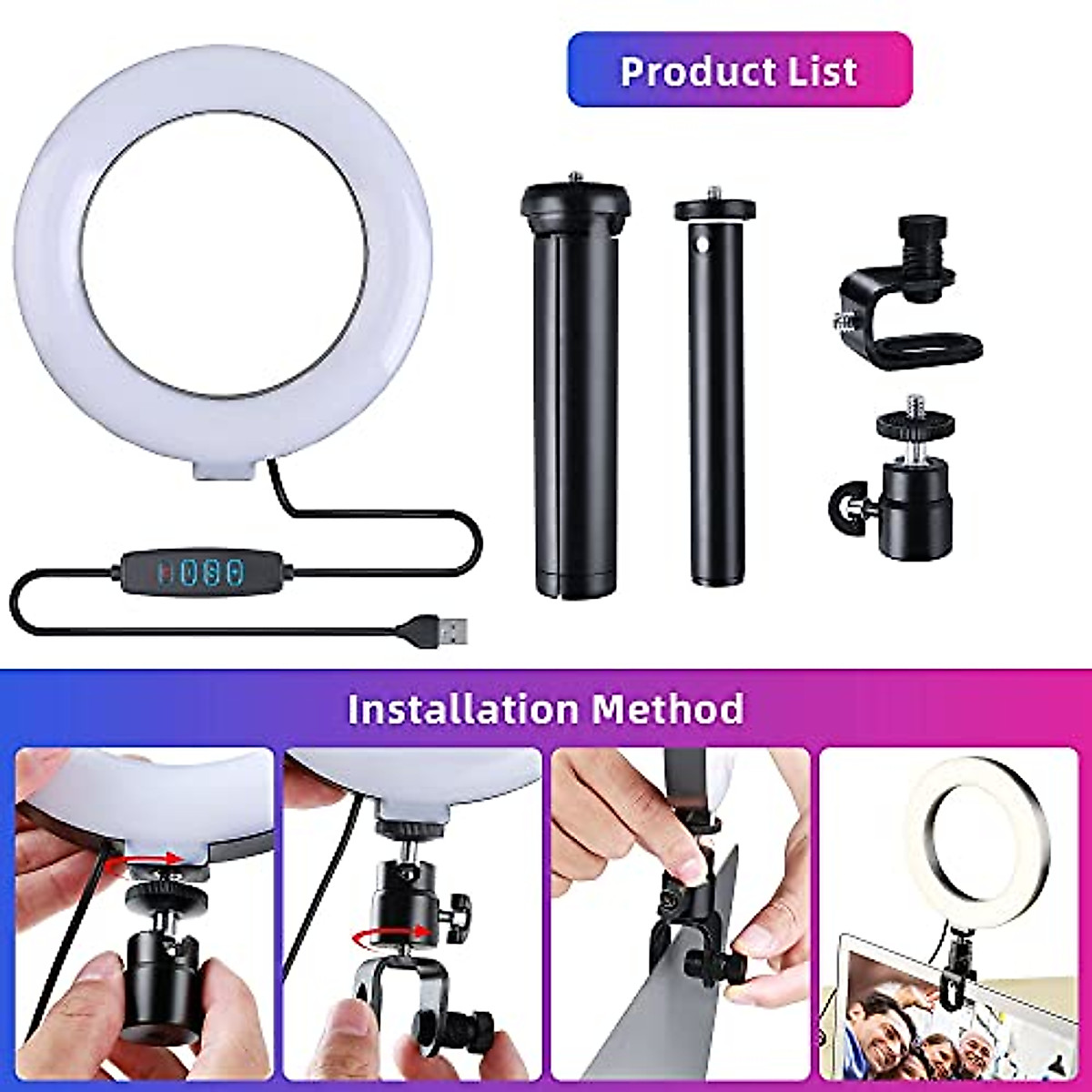 Webcam Ring Light for Laptop, 6 inch Zoom Lighting,Video Conference Lighting, MacBook Ipad Light for Teleworking/Zoom Calls/Self Broadcasting/Live Streaming/YouTube Video/TikTok