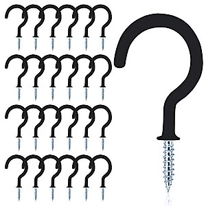 MJIYA 24 PCS Vinyl Coated Ceiling Hooks Question Mark Shape Hook Heavy Duty Screw Cup Hook for Bathroom Kitchen Wall Ceiling Hanging (Black, 1 Inch)