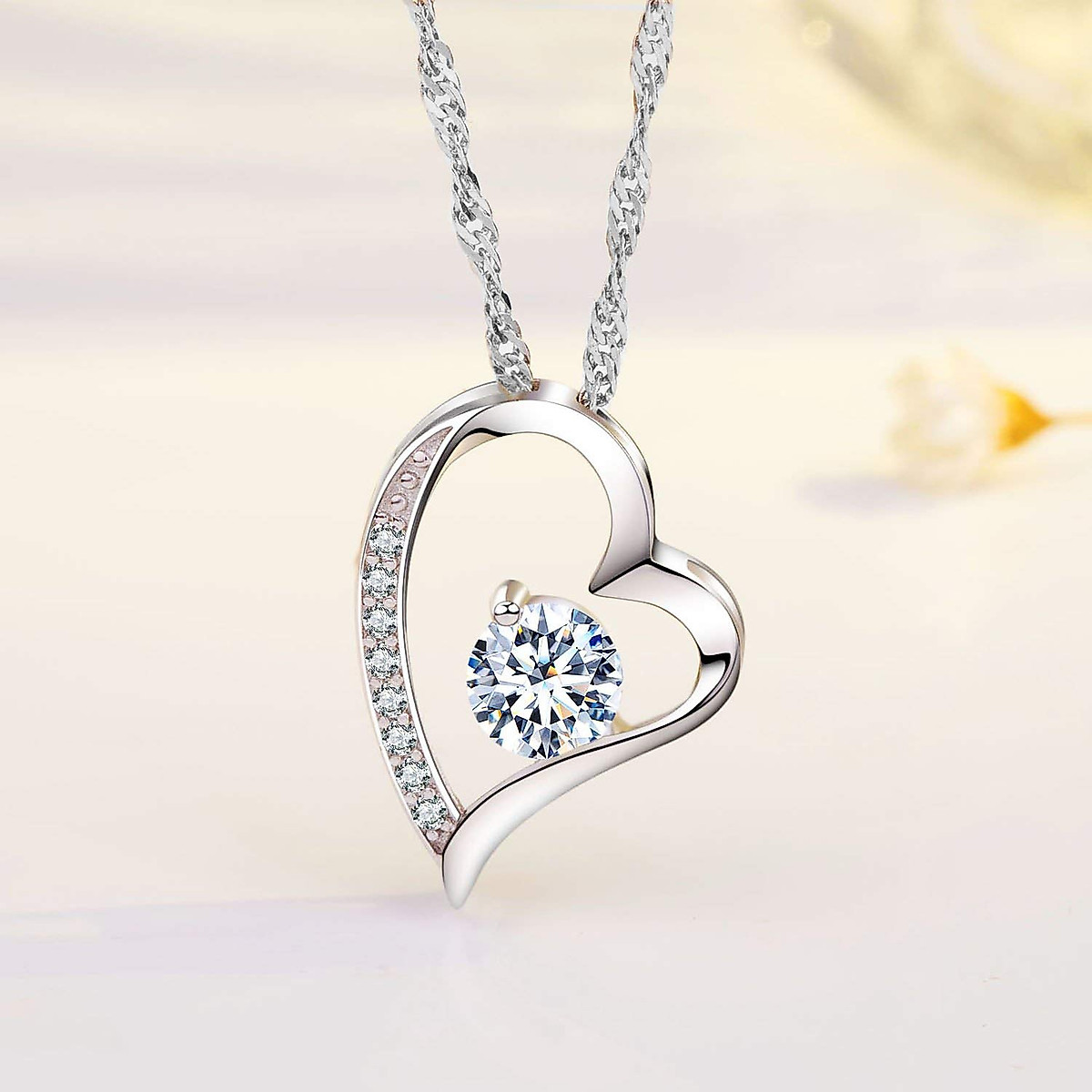 sephla Heart Necklace 14K White Gold Plated Round Cut Cubic Zirconia Forever Lover Heart Pendant Necklace for Women