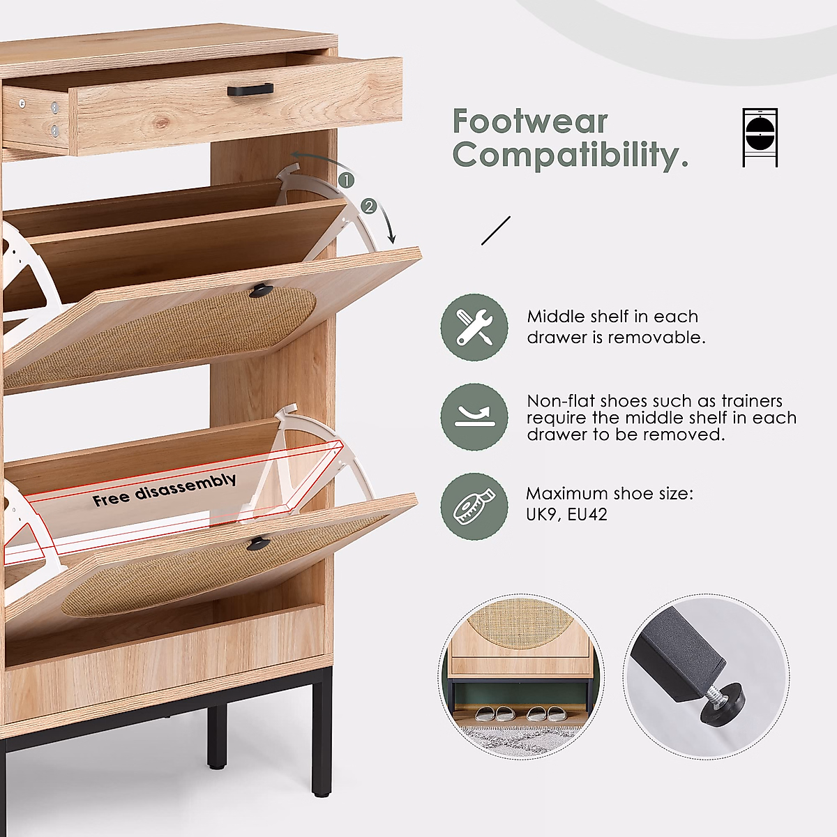 Yechen Shoe Rack Storage Organizer with 2 Natural Semi-Circular Rattan Doors, Entryway Wooden Shoe Cabinet for Sneakers, Leather Shoes, High Heels, Slippers (2 Piece, Oak)