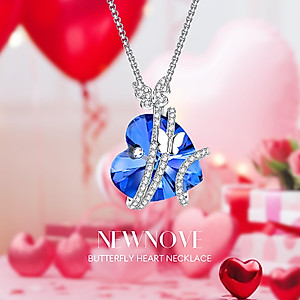 NEWNOVE Preserved Blue Real Rose with Butterfly Necklace, Gifts for Women, Wife, Mom and Girlfriend on Christmas, Anniversary Birthday Flower Gifts for Women