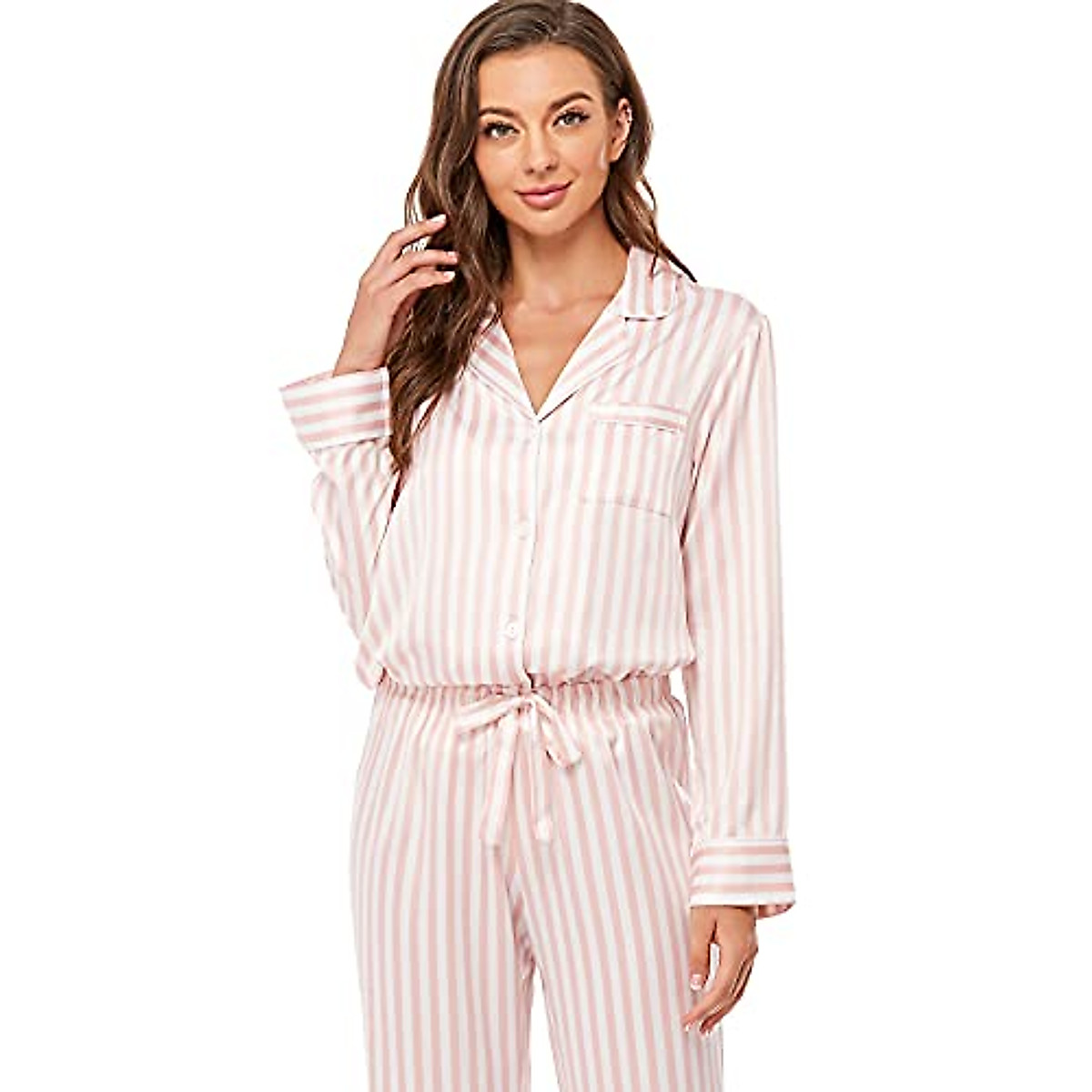 Serenedelicacy Women's Satin Pajama Set Long Sleeve Button Down Sleepwear 2-Piece Striped Silky Pj Set (Medium, Blush/Ivory, Stripe)