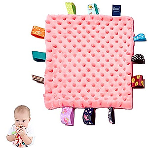 Baby Security Blanket, Pink Appease Blankets with Colorful Tags, Infant Tag Toy, Soft Plush Blanket, Soothing Sensory Blanket(10 x 10 inches)