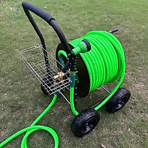 Boersite Stainless Steel Garden Hose Reel Cart Heavy Duty Portable Hose Holder with Basket 4 Solid Wheels Water Hose Storage Cart for Watering Garden/Yard/Lawn/Farm（Wood Grain Color）