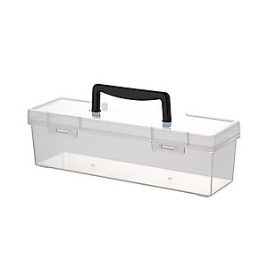 VIDIFOR Plastic Portable Container with Handle, Art Craft Sewing Storage Box with Latching Lid for Paint Brush, Tools, Crayon, Washi Tape, Ruler, Ornaments, Ribbons (Black 11.8 x 3.6 x 3.6 in)