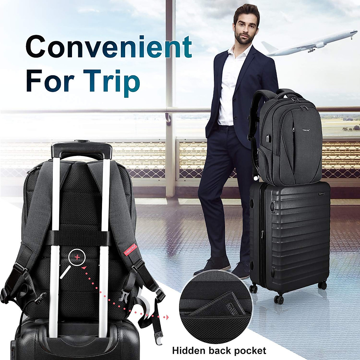 TIGERNU Laptop Backpack, Business Slim Anti-theft Backpacks with USB Charging Port, Water Resistant College Bookbag with Laptop Compartment for Men Work, Fits 15.6 Inch Laptop and Notebook, Black