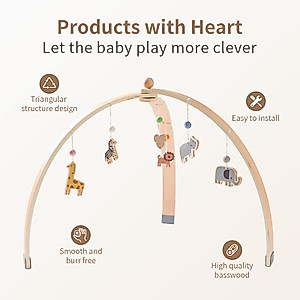Wooden Baby Gym Foldable Baby Play Gym Frame Activity Center Hanging Bar with Cute Animals Toys for Sensory Exploration and Motor Skill Development, Newborn Gift for Girls Boys（Without Play Mat）