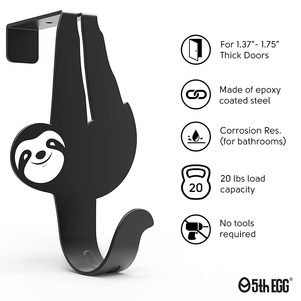 5th EGG Over The Door Hooks for Hanging Towels, Clothes, Coats & Robes for Bathroom and Bedroom Door Hanger Hook Heavy-Duty Metal, Black and White, Hanging Sloth Gift Idea (2-Pcs)
