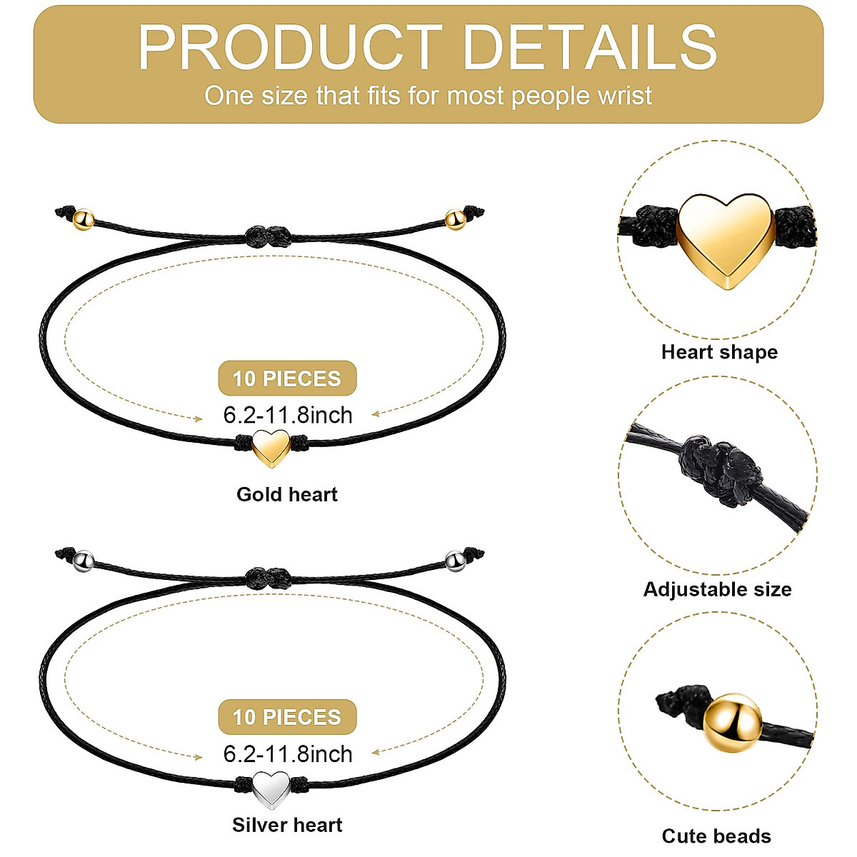 Otuuz 20 Pieces Silver Gold Heart Charm Bracelets Black String Adjustable Bracelet Braided Matching Bracelets Friendship Jewelry for Women Men