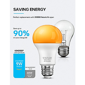 KINDEEP Amber Light Bulbs, 9W Amber Yellow LED Light Bulb, 2000K Soft Warm Light Bulbs, Bug Light Bulbs, 60W Equivalent, E26, for Bedroom, Nursery Room, Porch, Outdoor, Non-Dimmable, 4 Pack