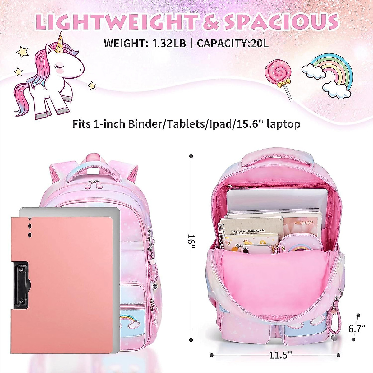 Backpacks for Girls School Cute Kids Backpack Bookbags with Insulated Lunch Box Set for School Elementary girl, Tie Dye School Bag with Laptop Compartments 16*11.5*7.5, Galaxy Pink