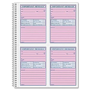 Adams Spiral Bound Phone Message Book, Carbonless Duplicate, 4 Messages per Page, 200 Sets per Book (SC1184D)