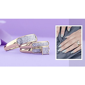 Dazzlingrock Collection 0.30 Carat Round White Diamond Square Micro Pave Wedding Trio Ring Set in 18K Yellow Gold Plated Sterling Silver, Women size 7 and Men size 10