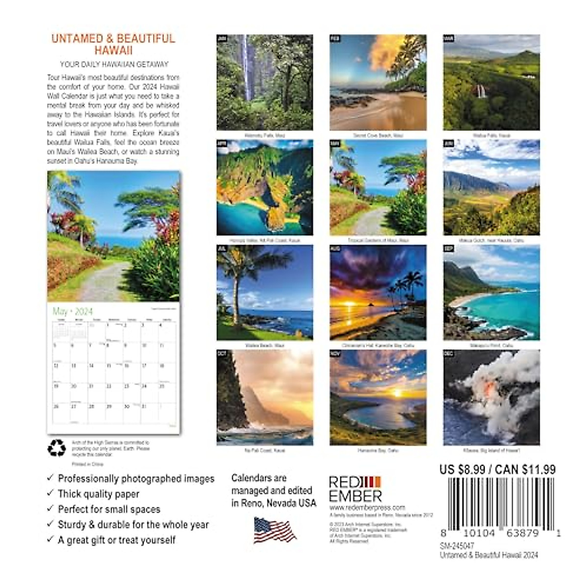 Small Spaces Mini Wall Calendar - Untamed & Beautiful Hawaii 2024 Hangable Monthly by Red Ember | Only 7" x 14" Open | Thick & Sturdy Paper | Giftable | Beach Nature Travel | Your Daily Hawaiian