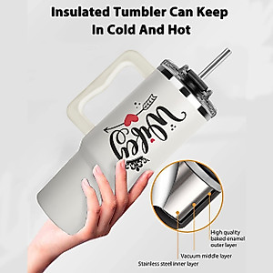 Christmas Gifts For Wife From Husband - Wife Tumbler 40Oz, Wife Gift on Birthday, Anniversary, Valentines, Present Idea for Wifey, Cool Wedding Coffee Cup with Straw and Handle, Drinking Mug for Women