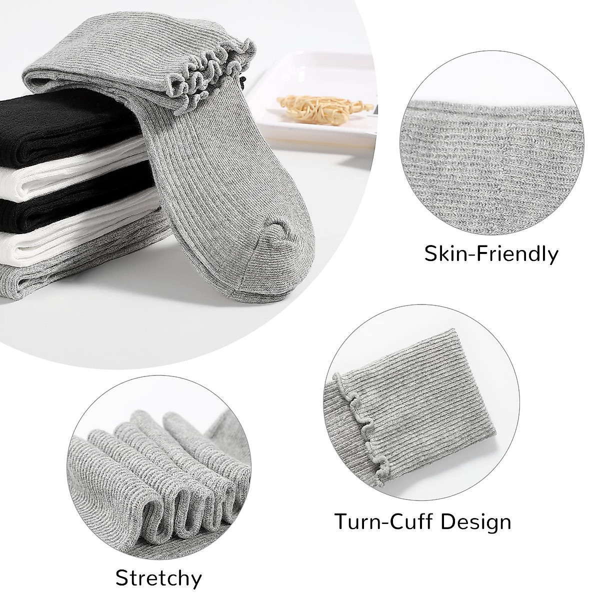 BOOPH 6 Pairs Girls Socks Ruffle Baby Frilly Turn cuff Socks White 4-6 Years