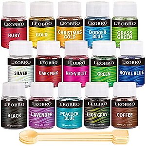 Holographic Fine Glitter, LEOBRO 15 Colors Extra Fine Resin Glitter Powder, Craft Glitter for Resin Jewelry Art Crafts Making, Cosmetic Glitter for Nail Body Face Hair, with 10 PCS Stir Spoons