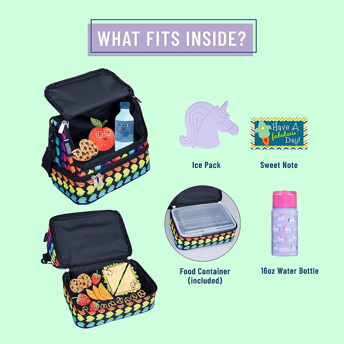 Wildkin Two Compartment Insulated Lunch Bag for Kids – School & Travel Ready - Rainbow Hearts