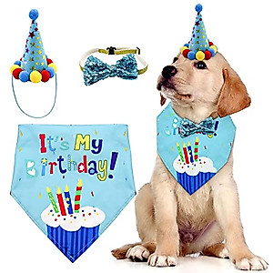 LEBERY Dog Birthday Bandana Scarf Dog Birthday Party Supplies, Boy Dog Birthday Hat Party Hat Cute Dog Boy Birthday Bow Tie Blue Dog Birthday Outfit for Small Medium Large Dogs Pets