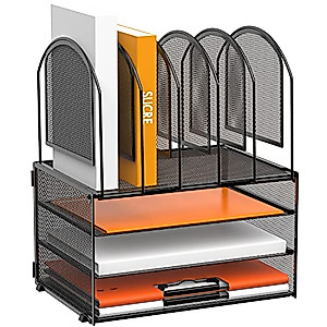 DALTACK Paper Desk Organizer, 3-Tier Letter Tray with 5 Vertical File Holders, Multifunction Desk Organizer, Desktop File Folder Organizer, Desk Organizers and Accessories for Home Office, Black