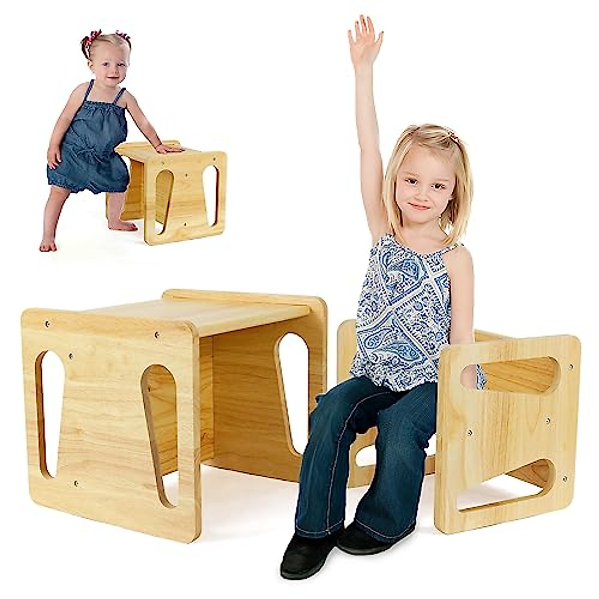 HYUNLAI Montessori Weaning Table and Chair Set Real Hardwood Students Multi-Use Cube Kitchen  Perfect Activity Table and Chair Set for Childre