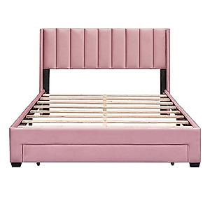 Queen Size Platform Bed Frame with Upholstered Headboard & Storage Drawer, Sturdy Wooden Slats Support / No Box Spring Required / Easy to Assembly for Bedroom Small Living Space Boys Girls Adults Room