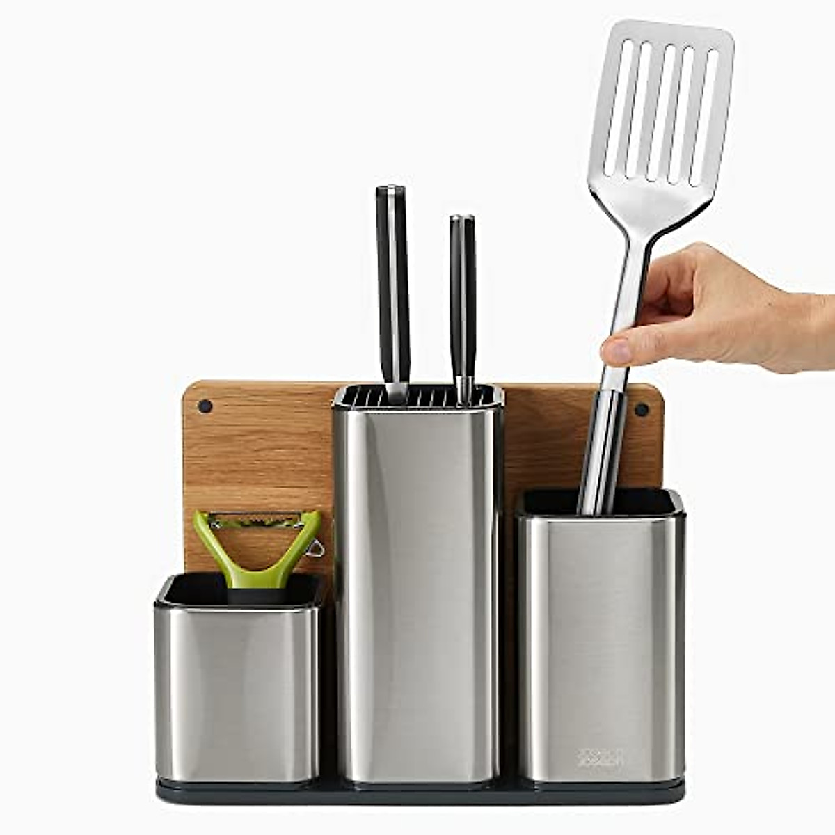 Joseph Joseph CounterStore Kitchen Utensil Holder Knife Block and Cutting Board Set, Stainless Steel