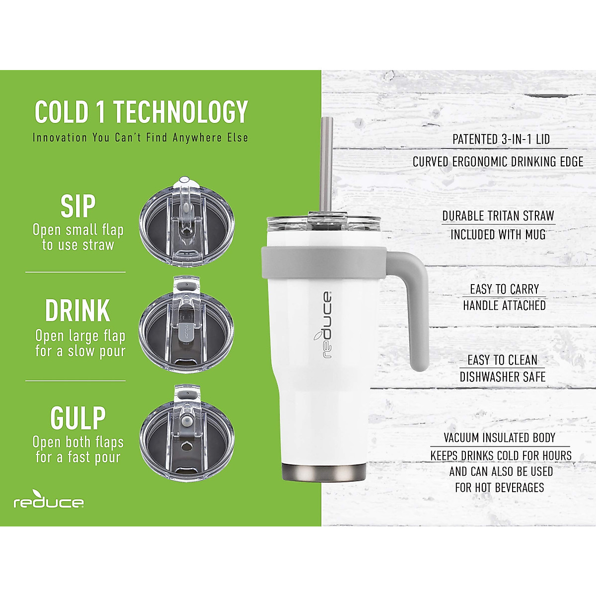 Reduce Tumbler – 24oz COLD 1 Mug With Lid, Straw and Handle – 24 Hours Cold – Easy-Hold Handle, Vacuum Insulated, Sweat-Proof Body – Cupholder Friendly Insulated Mug – White Gloss