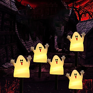 Ghost Yard Stakes, 2 Modes Halloween Decorative Stake Light, Halloween Ghost Led Stake Lights with 2 Lighting Modes, Solar Powered Led Ghost Lights, Light Up Halloween Decorations for Holiday Home