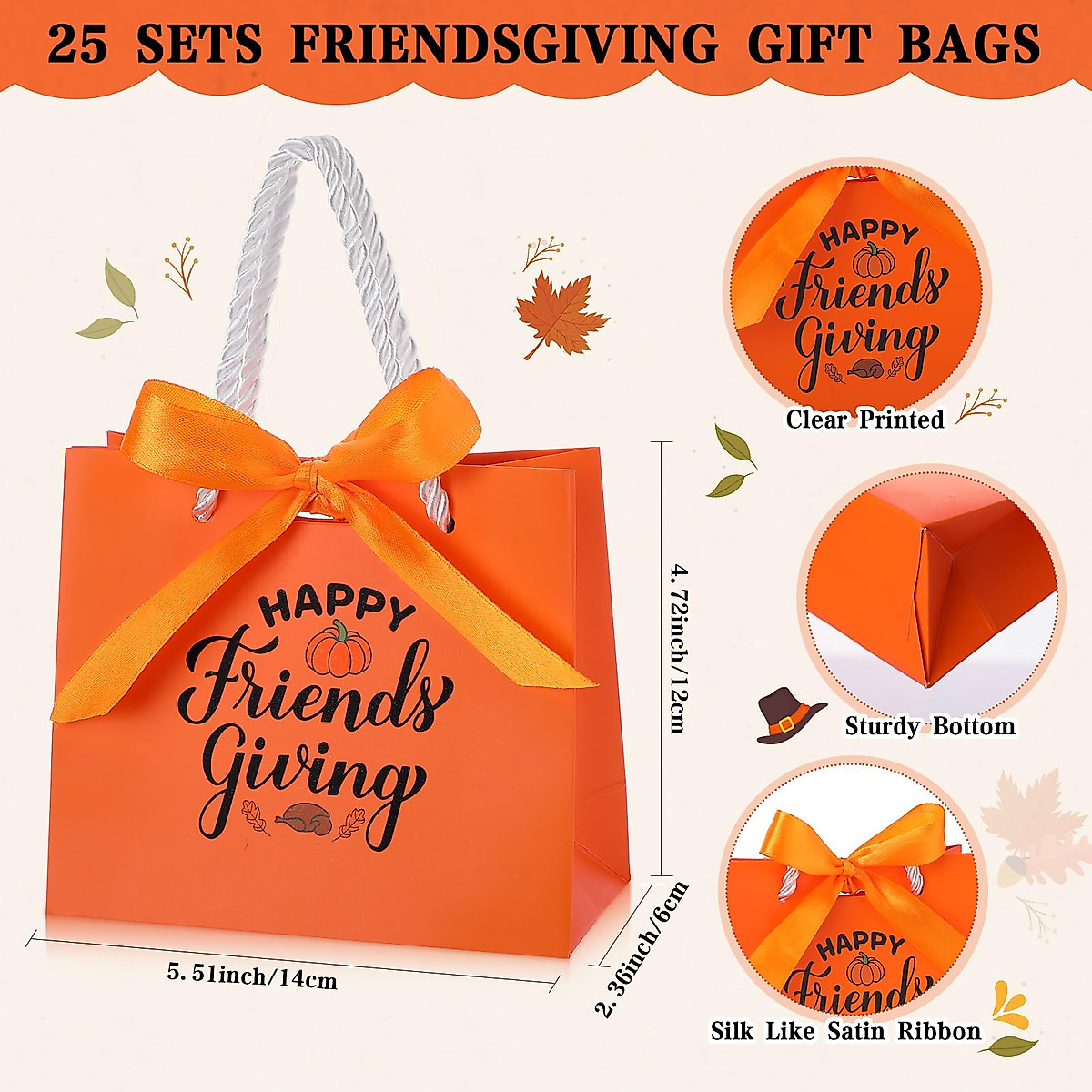 Tenceur 25 Sets Thanksgiving Gift Bags Friendsgiving Party Favor Orange Gift Bags with Handles Small Candy Bag with Bow Ribbon Friends Thanks Giving Party Gift Bag for Friend Guest, 5.51x4.72x2.36''