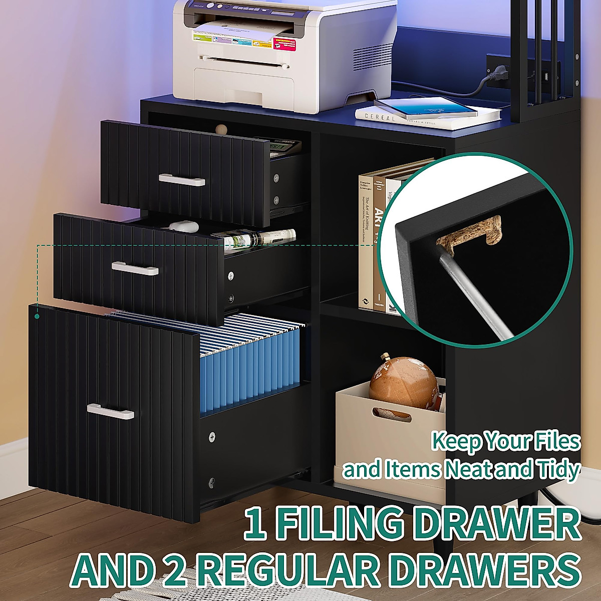 YITAHOME 3 Tier Bookcase, Bookshelf with Lighting, File Cabinet with Charging Station, 3 Drawer Wood Filing Cabinet, Printer Stand with Open Storage Shelves for Home Office, Black