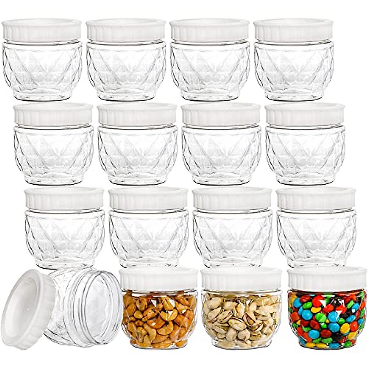 Lawei 12 Pack Clear Plastic Jars with Lids, 17 Oz Refillable Food Safe Storage Jars, Leak-Proof Wide Mouth Empty Storage Containers for Dry Food, Spices, Nuts, Honey, Jam, Kitchen Use
