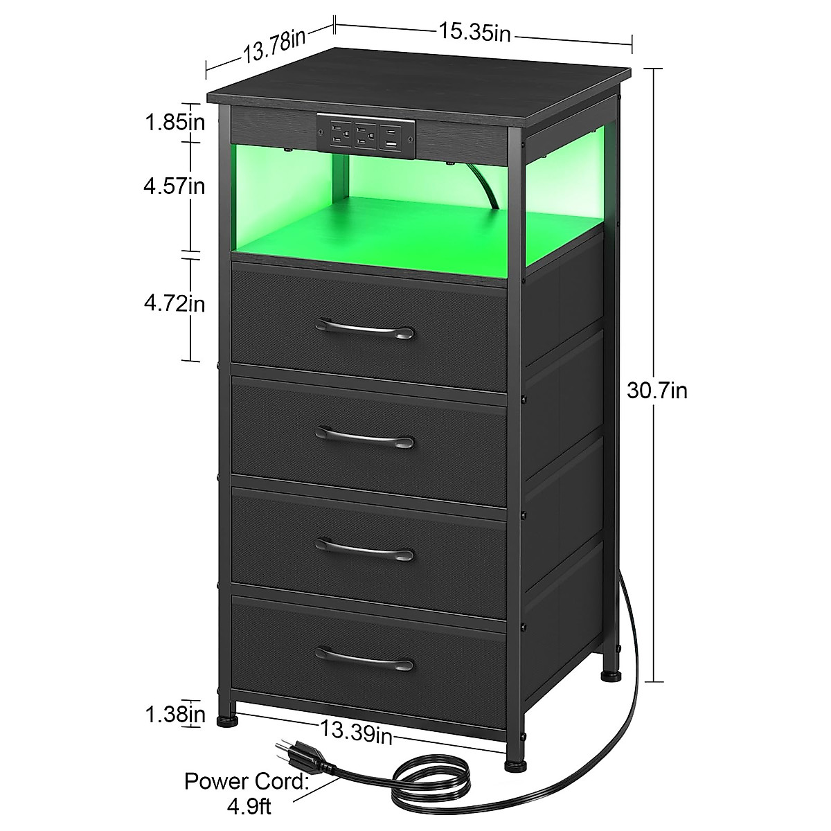 LOAKEKEL Night Stand Set 2, Tall Nightstand with Charging Station, LED End Tables with USB C Ports and 2 Outlets, Bedside Table with 4 Fabric Drawers, Dresser for Bedroom, Black, HNS024BK