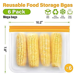 Reusable Food Storage Bags 6 Pack Quart Size Bags Reusable Food Container for Meat Fruit Sandwich & Snack, BPA Free Food Grade, Leakproof Resealable for Lunch & Fridge Organizer
