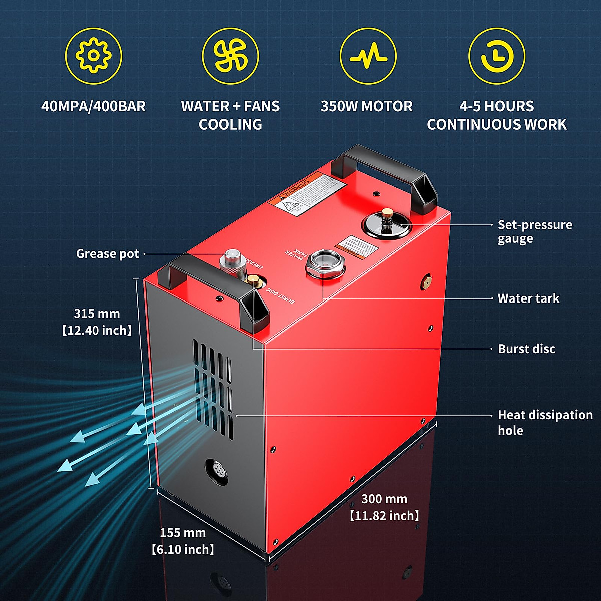 GX PUMP CS4-I Portable PCP Air Compressor, 350W Powerful Motor,Max 5800Psi/40Mpa, Built-in Home Converter, Water and Fans Cooling, 5 Hours Continous Work, 12V Auto Stop Paintball Air Compressor