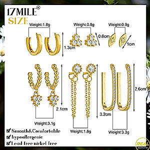6Pair Small Gold Huggie Hoop Earrings for Women,14K Gold Plated Earring Set, Huggies Earrings, Cartilage Hoop Earring, Trendy Dainty Tiny Cubic Zirconia Beaded Chain Twisted Earrings Packs (Gold Color-A)