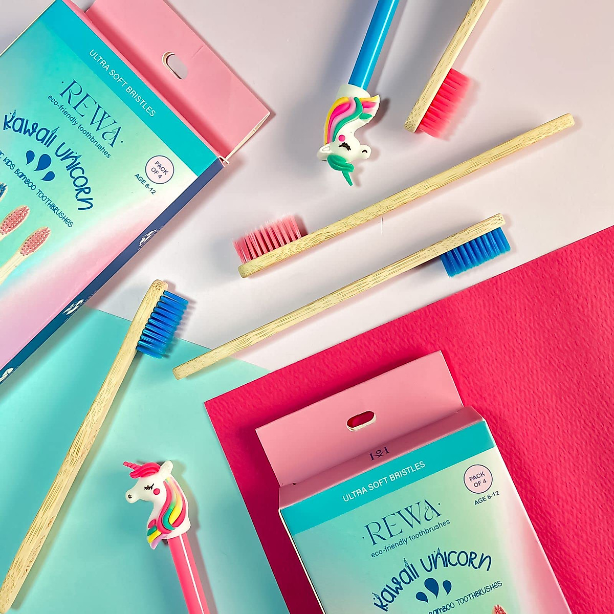 Rewa Kids Kawaii Unicorn l Children Bamboo Toothbrushes l Organic Compostable Natural Ayurvedic l Pack-4 l Soft Bristles BPA Free Pink (Sassy) & Blue (Shiny).