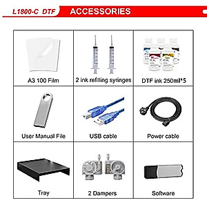DTF Printer A3 L1800 Transfer Printer Machine Built-in White Ink Circulation System for Dark/Light T-Shirts, Hoodie,Pillow,Different Fabrics (DTF Printer +Oven+5 x 250ml Ink+100pcs PET Film)