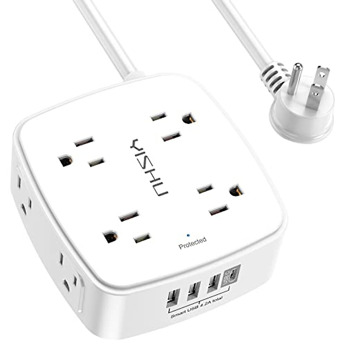 10 Ft Surge Protector Power Strip - YISHU 3 Side Outlet Extender with 8 Widely AC Outlets and 4 USB Ports, 10 Feet Extension Cord with Flat Plug, Wall Mount Desk USB Charging Station, ETL ,White
